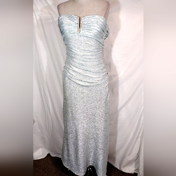 Adrianna Papell | Dresses | Adrianna Papell Hailey Metallic Long Strapless Blue Dress ...